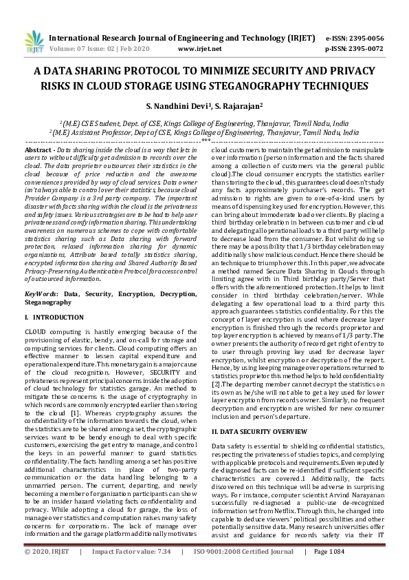 (PDF) IRJET- A DATA SHARING PROTOCOL TO MINIMIZE SECURITY AND PRIVACY RISKS IN CLOUD STORAGE ...