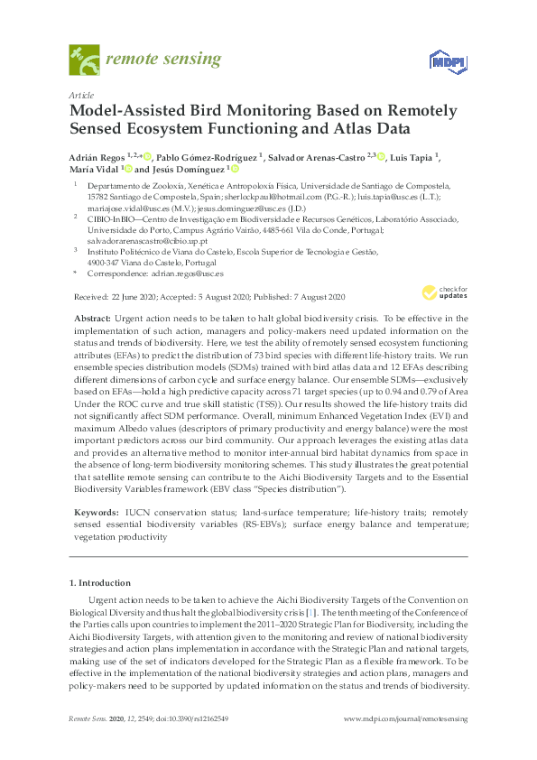 Pdf Model Assisted Bird Monitoring Based On Remotely Sensed Ecosystem Functioning And Atlas Data