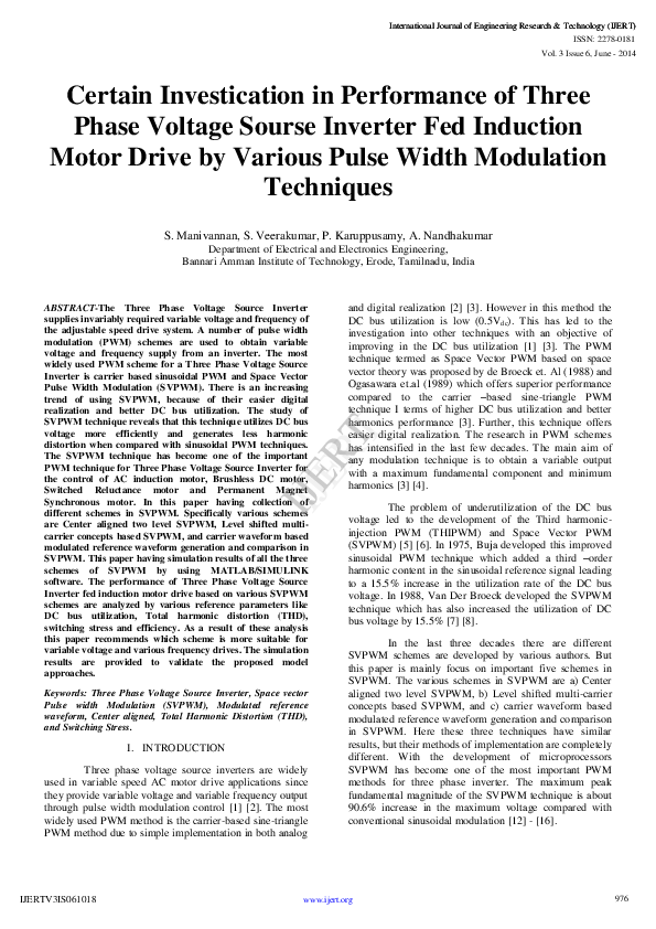 Pdf Performance Analysis Of Svpwm In Inverter Drives