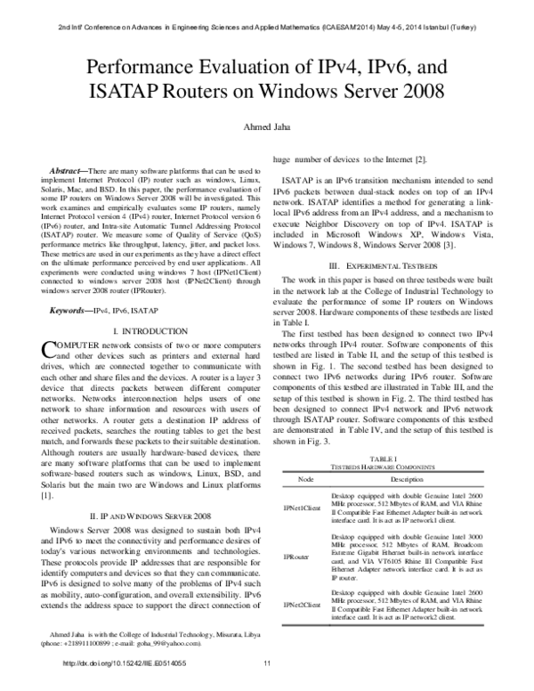 (PDF) Performance Evaluation of IPv4, IPv6, and ISATAP Routers on Windows Server 2008