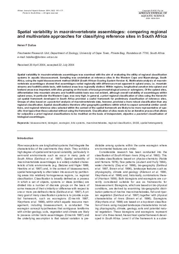 (PDF) Spatial variability in macroinvertebrate assemblages: comparing regional and multivariate ...