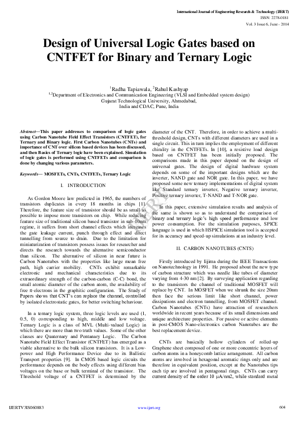 Pdf Ijert Design Of Universal Logic Gates Based On Cntfet For Binary And Ternary Logic