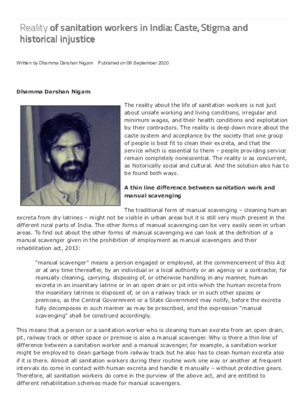 (PDF) Reality of Sanitation Workers in India: Caste, Stigma and ...