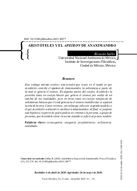 (PDF) Aristóteles y el apeiron de Anaximandro