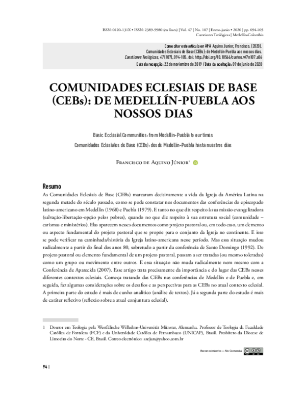(PDF) Comunidades Eclesiais de Base (CEBs): de Medellín-Puebla aos ...