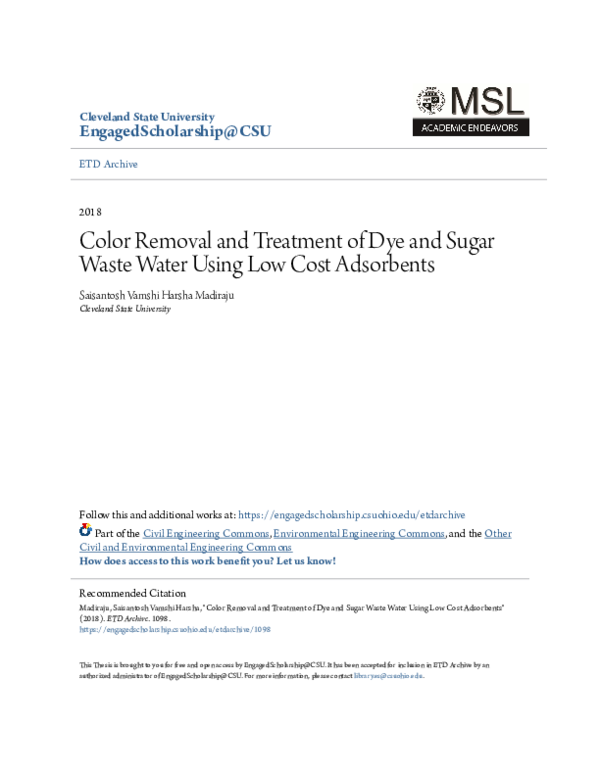 (PDF) Color Removal and Treatment of Dye and Sugar Waste Water Using Low Cost Adsorbents