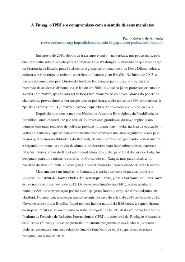 (PDF) A Funag, o IPRI e o compromisso com o sentido de seus mandatos (2020)