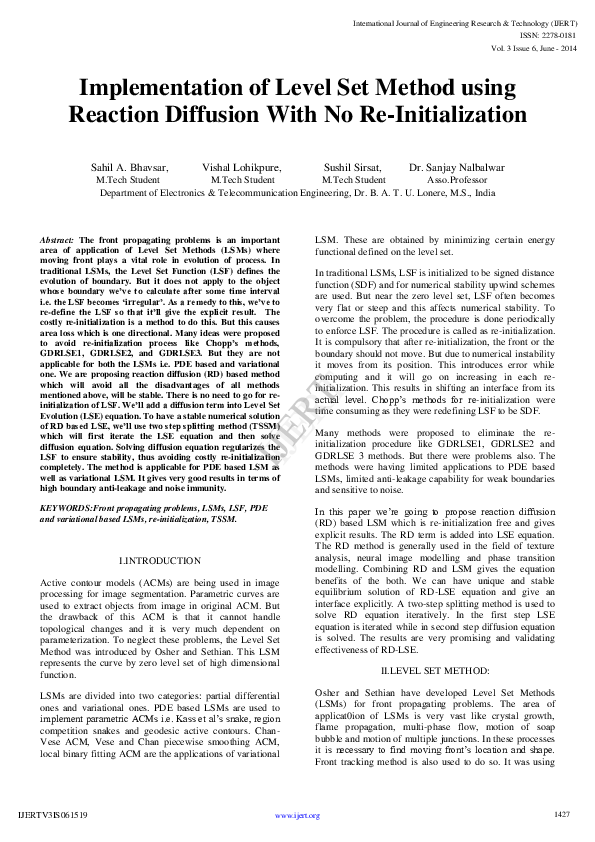 (PDF) IJERT-Implementation of Level Set Method using Reaction Diffusion With No Re-Initialization