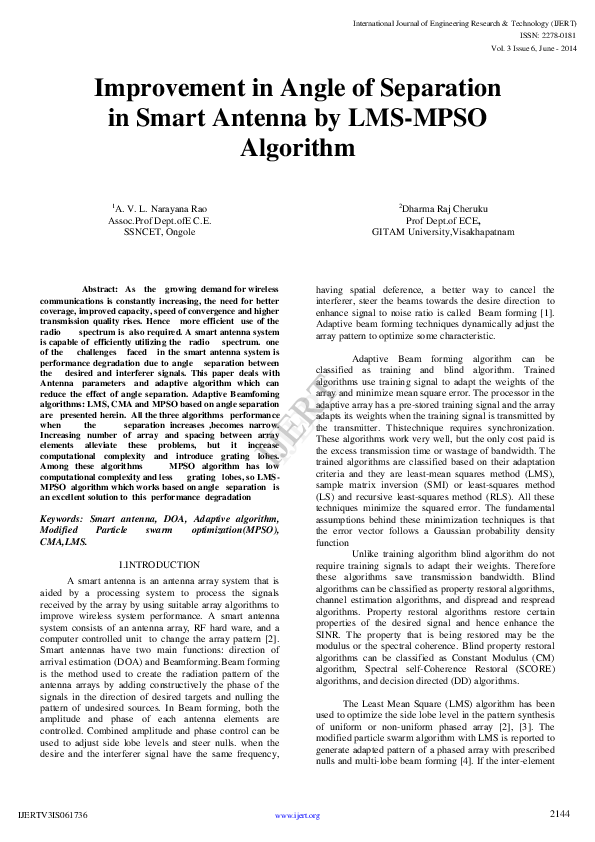 Pdf Ijert Improvement In Angle Of Separation In Smart Antenna By Lms Mpso Algorithm