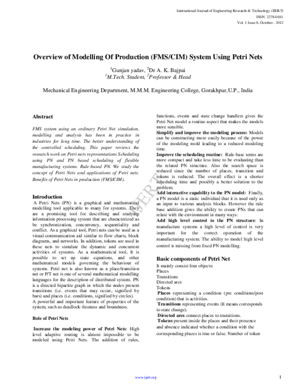 (PDF) IJERT-Overview of Modelling Of Production (FMS/CIM) System Using Petri Nets