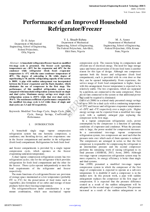 (PDF) IJERT-Performance of an Improved Household Refrigerator/Freezer (PDF) IJERT-Performance of an Improved Household Refrigerator/Freezer