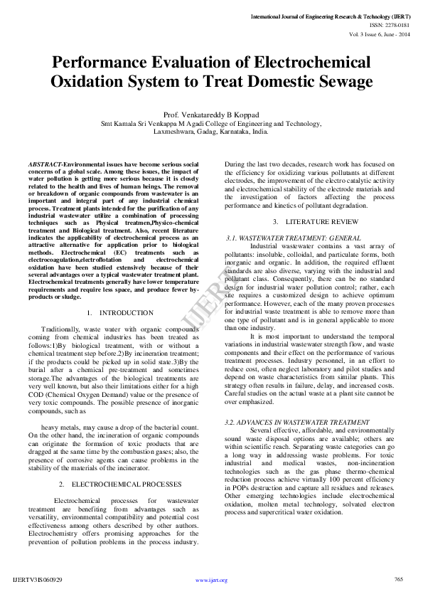 Pdf Ijert Performance Evaluation Of Electrochemical Oxidation System