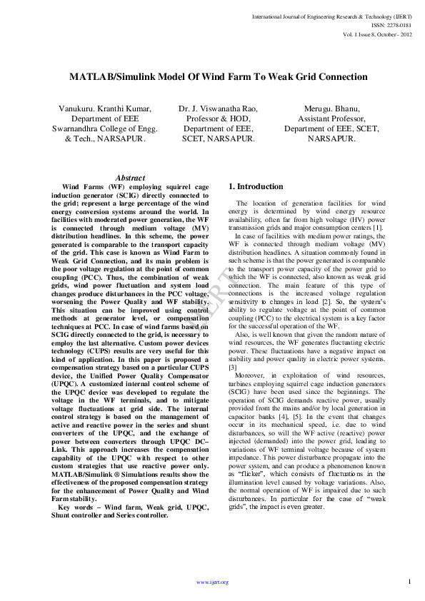 Pdf Matlab Simulink Model Of Wind Farm To Weak Grid Connection