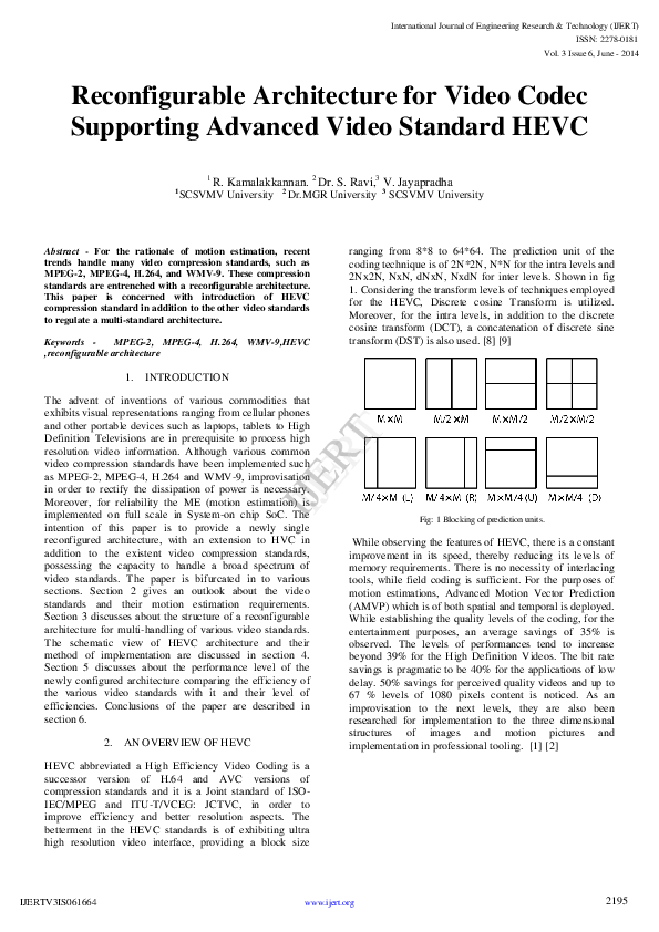 (PDF) IJERT-Reconfigurable Architecture for Video Codec Supporting Advanced Video Standard HEVC
