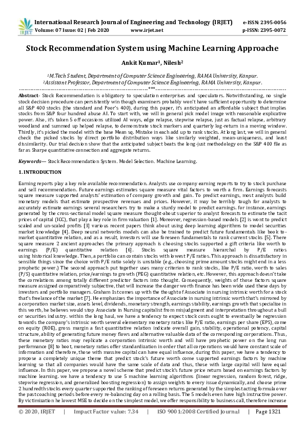 (PDF) IRJET- Stock Recommendation System using Machine Learning Approache