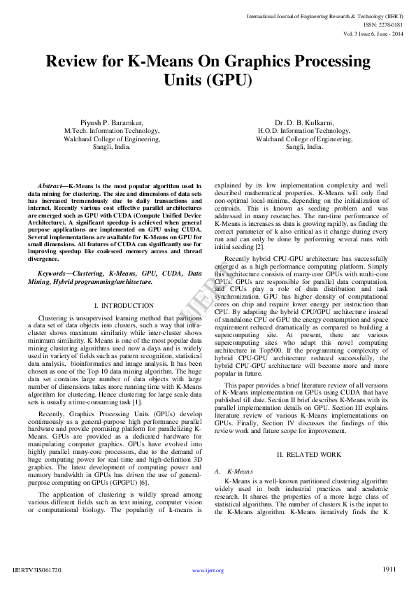 (PDF) IJERT-Review for K-Means on Graphics Processing Units (GPU)