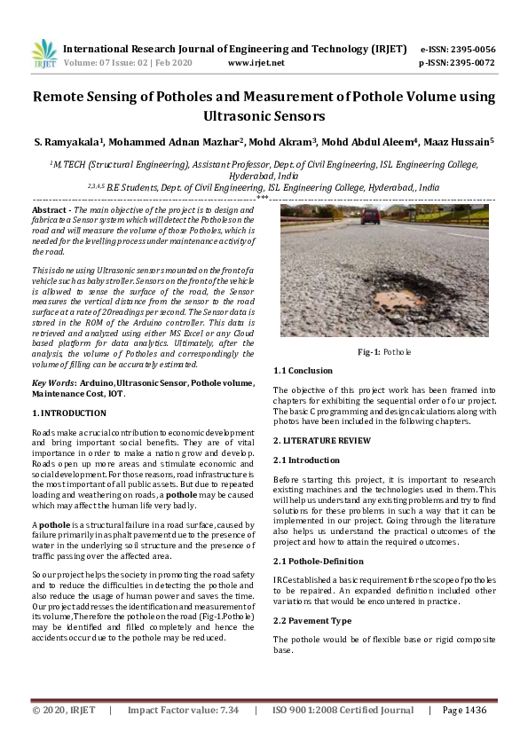 (PDF) IRJET- Remote Sensing of Potholes and Measurement of Pothole ...