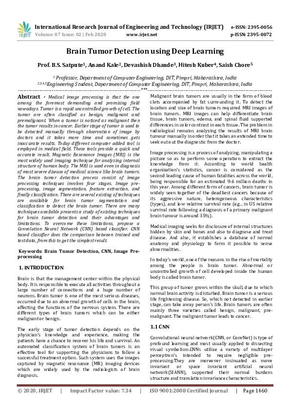 Pdf Irjet Brain Tumor Detection Using Deep Learning