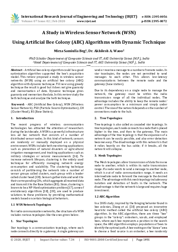 (PDF) IRJET- A Study in Wireless Sensor Network (WSN) Using Artificial Bee Colony (ABC ...