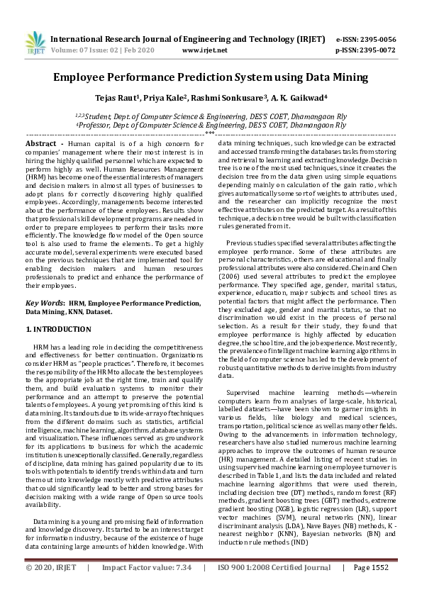 Pdf Irjet Employee Performance Prediction System Using Data Mining