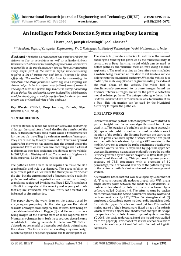 Pdf Irjet An Intelligent Pothole Detection System Using Deep Learning