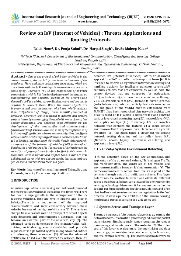 (PDF) IRJET- Review on IoV (Internet of Vehicles) : Threats, Applications and Routing Protocols