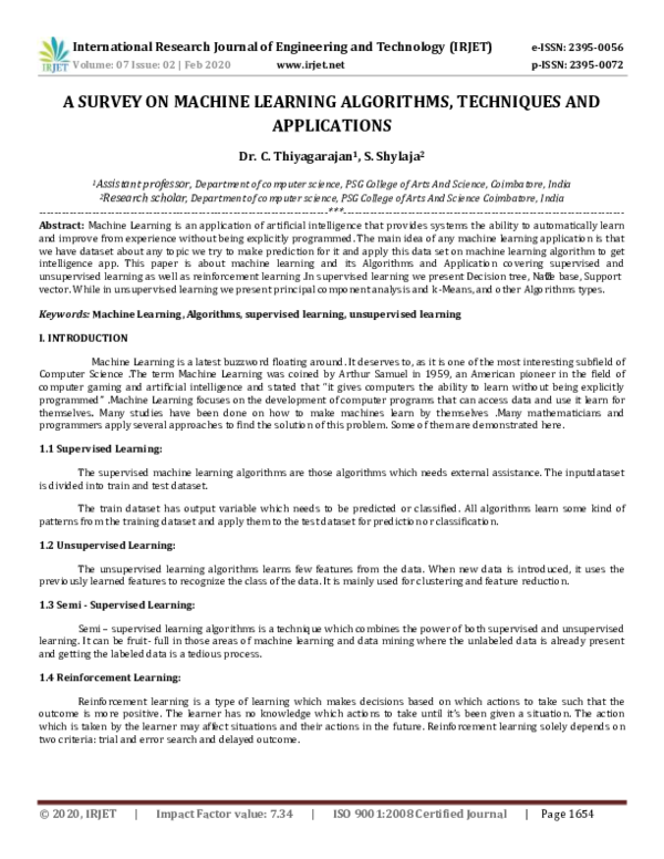 Pdf Irjet A Survey On Machine Learning Algorithms Techniques And
