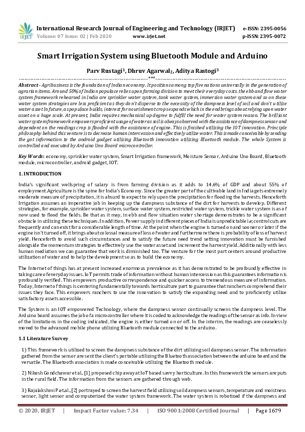 Pdf Irjet Smart Irrigation System Using Bluetooth Module And Arduino
