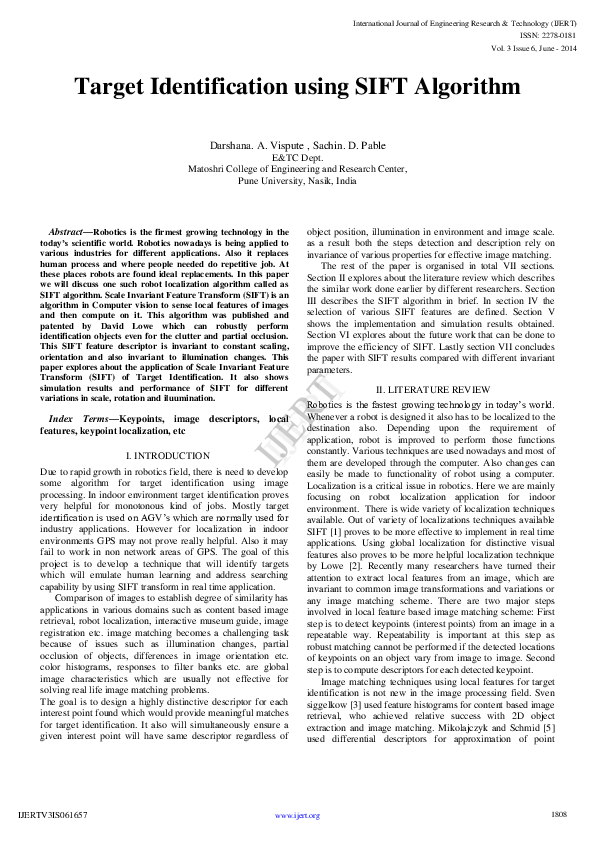 Pdf Ijert Target Identification Using Sift Algorithm