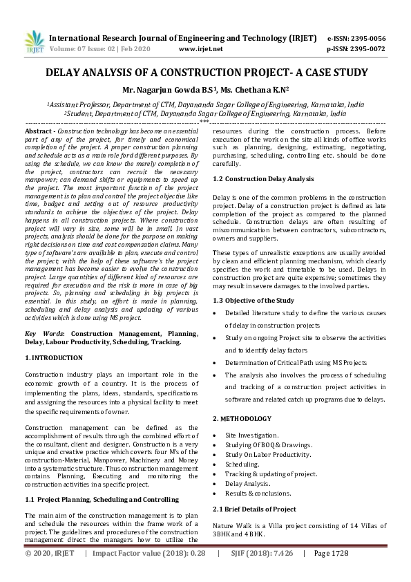 (PDF) IRJET- DELAY ANALYSIS OF A CONSTRUCTION PROJECT-A CASE STUDY