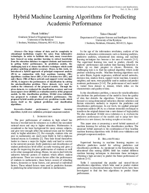 Pdf Hybrid Machine Learning Algorithms For Predicting Academic Performance Sokkhey Phauk