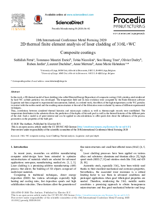 Pdf 2d Thermal Finite Element Analysis Of Laser Cladding Of 316lwc