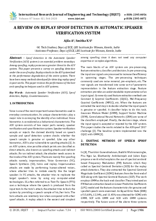 IRJET- A REVIEW ON REPLAY SPOOF DETECTION IN AUTOMATIC SPEAKER VERIFICATION SYSTEM