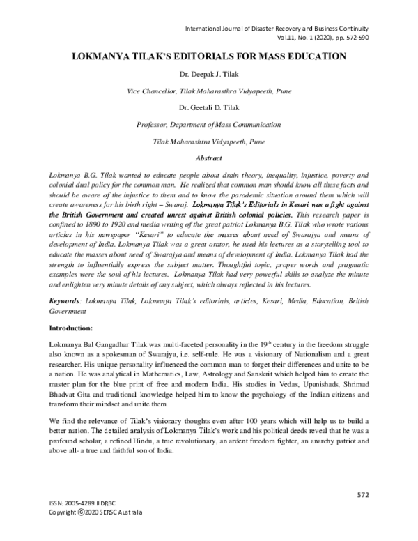 (PDF) LOKMANYA TILAK'S EDITORIALS FOR MASS EDUCATION