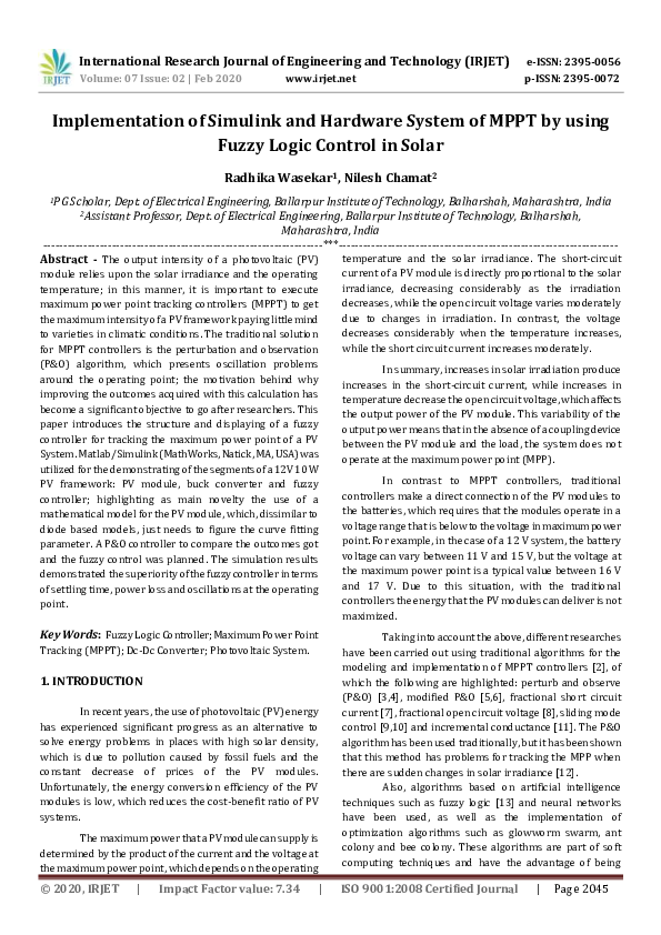 Pdf Irjet Implementation Of Simulink And Hardware System Of Mppt By