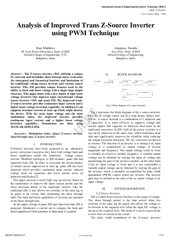 Pdf Ijert Analysis Of Improved Trans Z Source Inverter Using Pwm Technique Ijert Journal