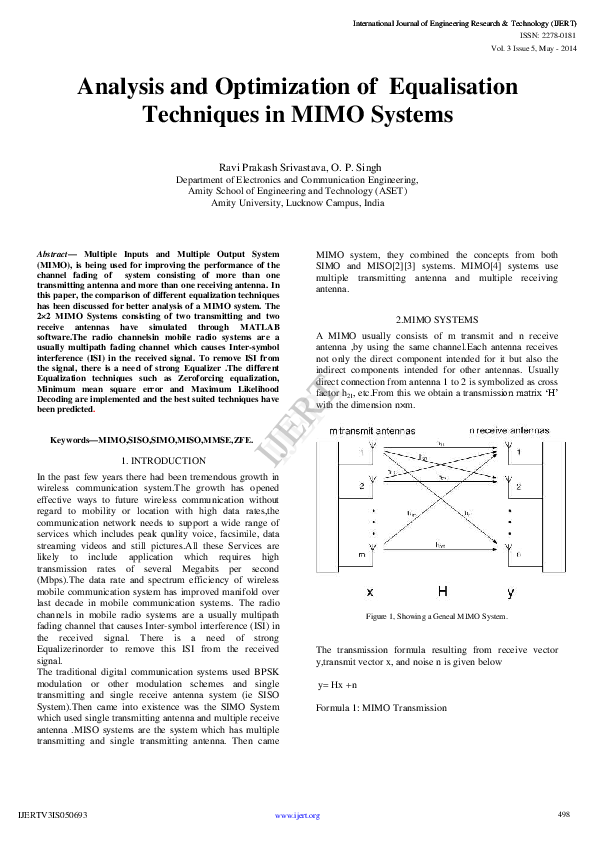 Pdf Ijert Analysis And Optimization Of Equalisation Techniques In Mimo Systems