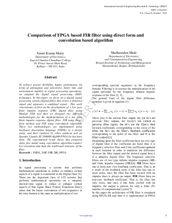 Pdf Ijert Comparison Of Fpga Based Fir Filter Using Direct Form And Convolution Based