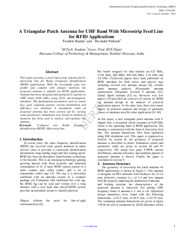 (PDF) IJERT-A Triangular Patch Antenna for UHF Band With Microstrip ...