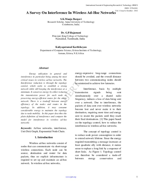 Pdf Ijert A Survey On Interference In Wireless Ad Hoc Networks