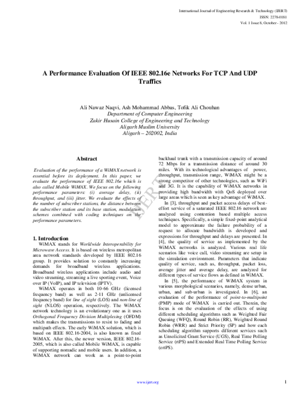 (PDF) IJERT-A Performance Evaluation Of IEEE 802.16e Networks For TCP And UDP Traffics