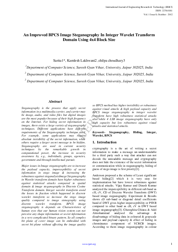 Pdf Ijert An Improved Bpcs Image Steganography In Integer Wavelet Transform Domain Using 4x4