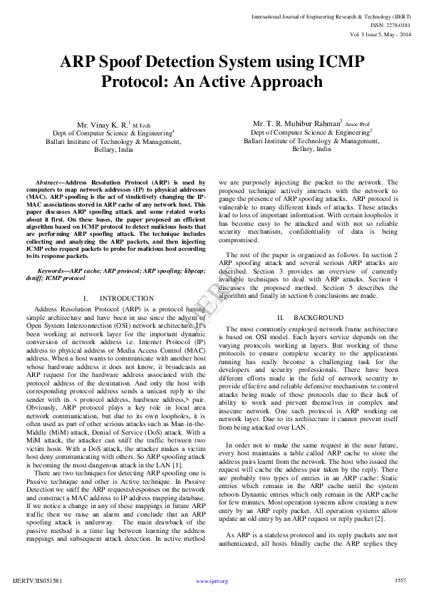 Pdf Ijert Arp Spoof Detection System Using Icmp Protocol An Active
