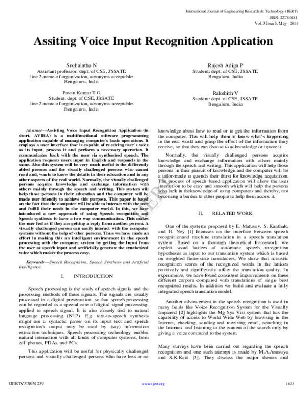 (PDF) IJERT-Assiting Voice Input Recognition Application
