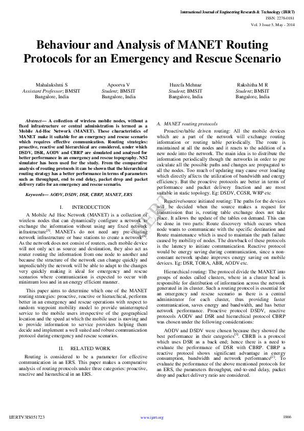Pdf Ijert Behaviour And Analysis Of Manet Routing Protocols For An Emergency And Rescue