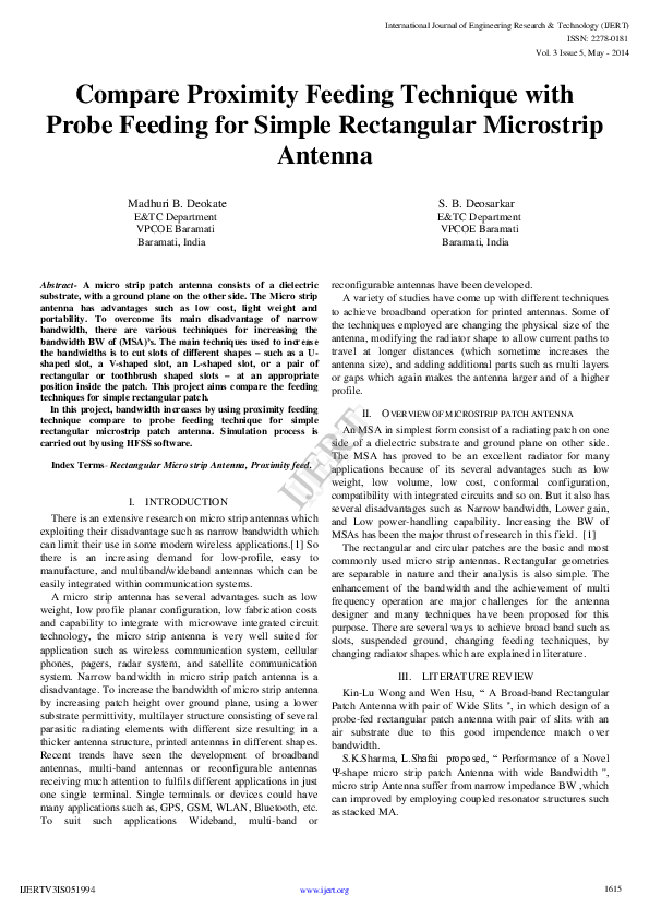 Pdf Ijert Compare Proximity Feeding Technique With Probe Feeding For Simple Rectangular