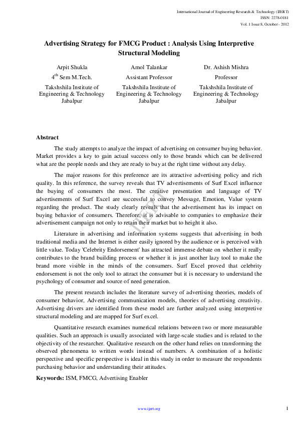 (PDF) IJERT-Advertising Strategy for FMCG Product : Analysis Using ... (PDF) IJERT-Advertising Strategy for FMCG Product : Analysis Using ...
