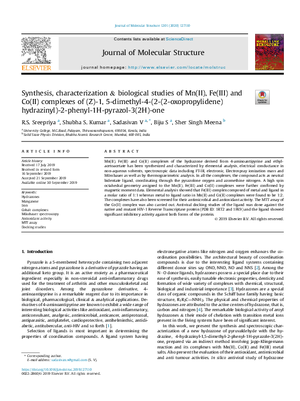(PDF) Synthesis, characterization & biological studies of Mn(II), Fe(III) and Co(II) complexes ...