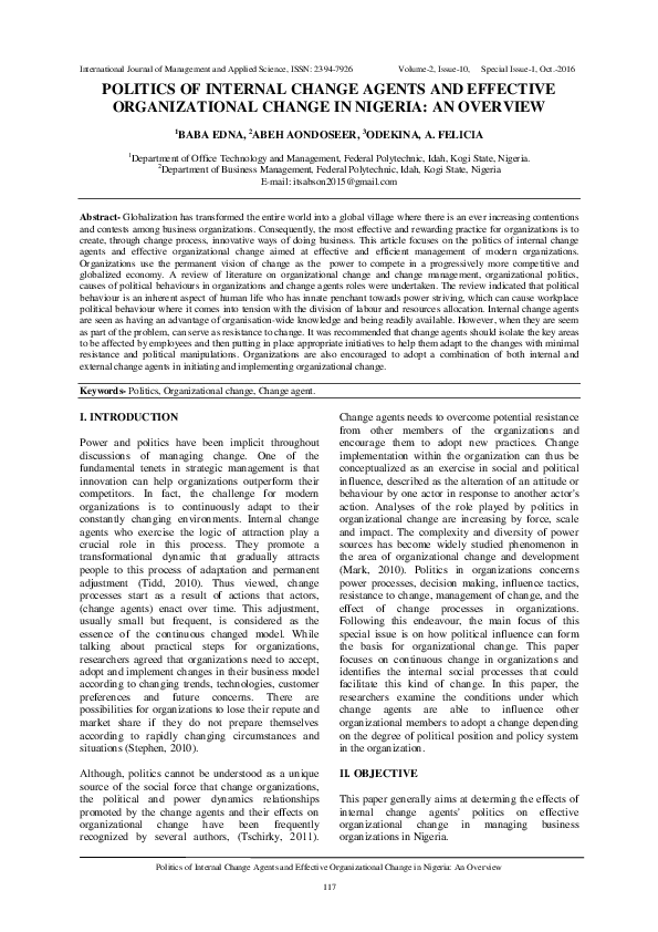 (PDF) Politics of Internal Change Agents and Effective Organizational ...