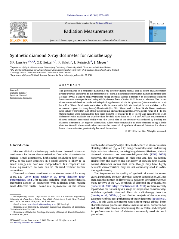 (PDF) Synthetic diamond X-ray dosimeter for radiotherapy
